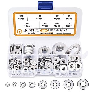VIGRUE 304 Stainless Steel Flat Washers Assortment Washers Hardware Set 300pieces,8Sizes 1/2" 3/8" 5/16" 1/4" 12# 10# 8# 6#