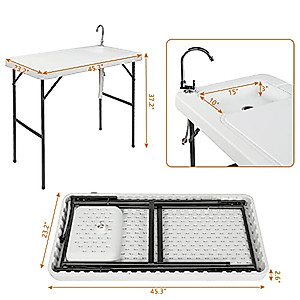 Outvita Fish Cleaning Table, Folding Portable Camping Table with Sink Stainless Steel Faucet Drainage Hose for Garden Patio Backyard BBQ White