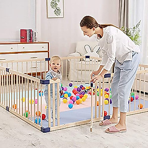 Largest Baby Gate Playpen, Kids Play Fence with Door, Play Area Indoor Kids,Safety Activity Center Playard w/Locking Gate Outdoor,Without Mat（Natural Wood,71”×79”）