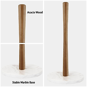 Buruis Wood Paper Towel Holder, Marble Base Modern Decorative Countertop Standing Rolls Holder for Kitchen, Toilet, Pantry and Bathroom (Marble Base White)