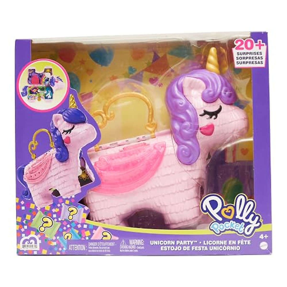 Polly Pocket Micro, Unicorn Party Playset, Pink Unicorn Toy with Purple Hair, 25 Toy Surprises Inside, Toys for Ages 4 and Up, One Playset, GVL88