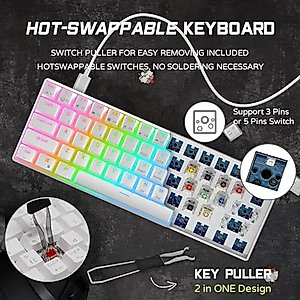 RK ROYAL KLUDGE RK61 Wired 60% Mechanical Gaming Keyboard Programmable QMK/VIA RGB Backlit 61 Keys Ultra-Compact Hot Swappable Red Switch White