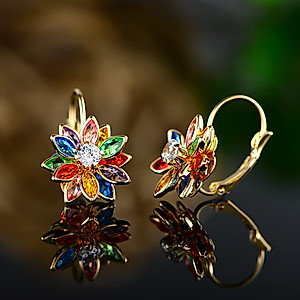 Barzel 18K Gold Plated Flower Earrings - Colorful Lotus Flower Earrings For Women - Made in Brazil