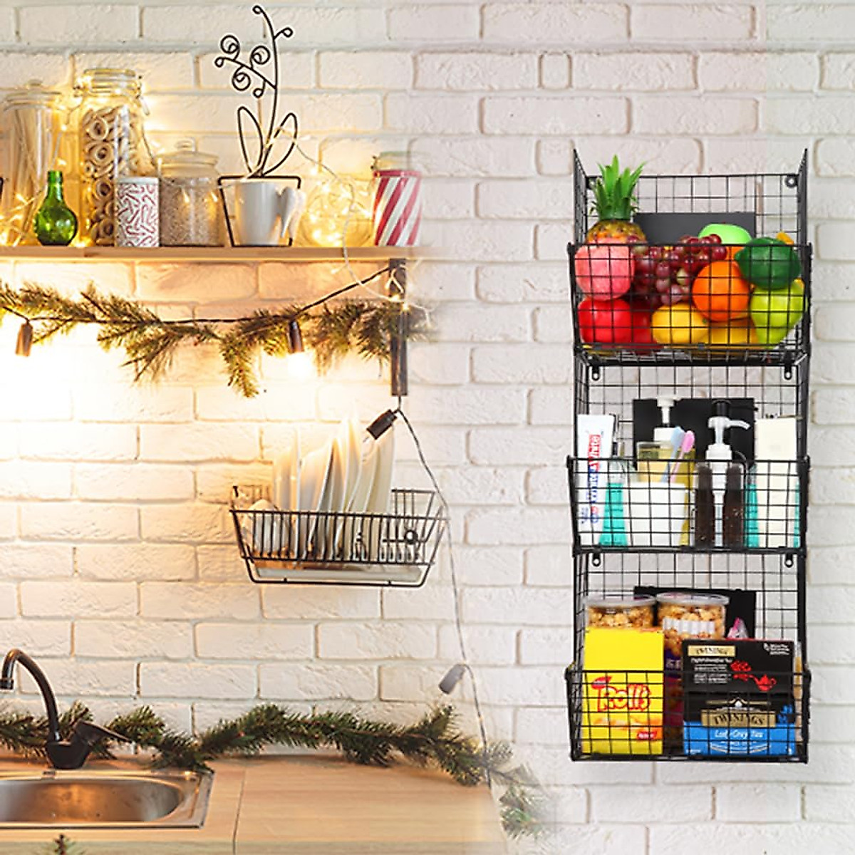 HRAYLTOP 3 Tier Wall Mounted Metal Wire Fruit Storage Basket, Hanging Kitchen Fruit Produce Storage Bins Organizer with S-Hooks and Adjustable Chalkboards, Multipurpose Bathroom Rack/Stand(Black)