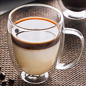 Dyserbuy Double Wall Glass Coffee Mugs Set of 4, 12oz Insulated Espresso Cups Coffee Cups, Drinking Glasses with Handle, Perfect for Latte,Cappuccino,Hot Chocolate,Tea and Juice