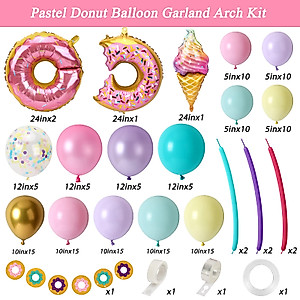RUBFAC 145pcs Pastel Donut Balloon Garland Arch Kit, Donut Ice Cream Foil Balloons with Banner and Sprinkle Confetti Balloons, Grow Up Baby Shower Sweet One Birthday Party Decoration for Girls