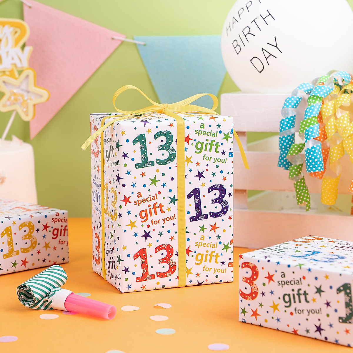 WRAPAHOLIC Birthday Wrapping Paper Sheet - 6 Sheets Colorful 13th Birthday Design Folded Flat for Birthday, Party, Baby Showers - 19.7 Inch X 27.5 Inch Per Sheet