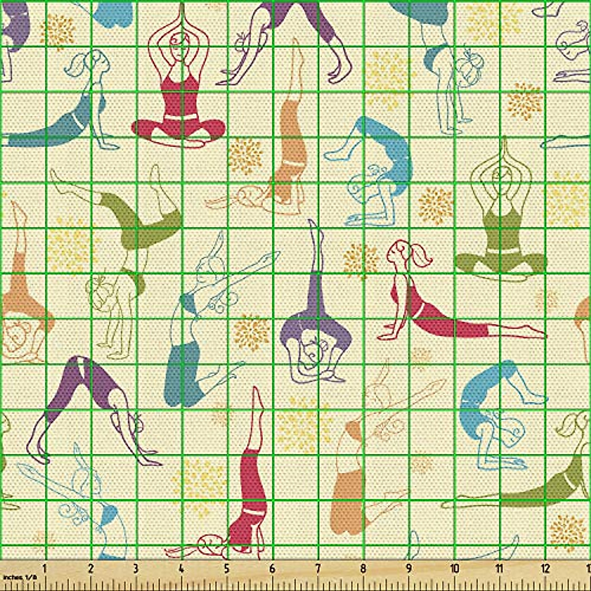 Ambesonne Yoga Fabric by The Yard, Workout Themed Fitness Girls Pattern Abstract Meditation Postures Arrangement Asian, Decorative Fabric for Upholstery and Home Accents, 1 Yard, Cream Red