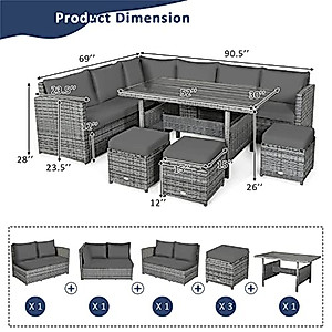 NICEDAYFY 7 PCS Patio Rattan Dining Set Sectional Sofa Couch Ottoman Garden Gray for Yard, Patio, Poolside, Porch, Etc
