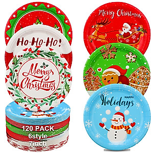 Sliner 120 Pcs Christmas Plates Paper Dessert Disposable Plates Santa Snowman Christmas Wreath Reindeer Gingerbread Man Design, for Christmas Party Supplies Christmas Decorations, 6 Styles(7 Inch)