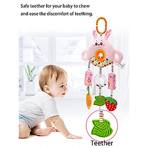 D-KINGCHY Baby Car Seat Stroller Toys Hanging Animal Plush Toys Soft Teething Rattle Toys Newborn Crib Bed Around Stuffed Toy with Wind Bell, Teether, Rattle Sound, Ring for 0-3 Years Old (Rabbit)