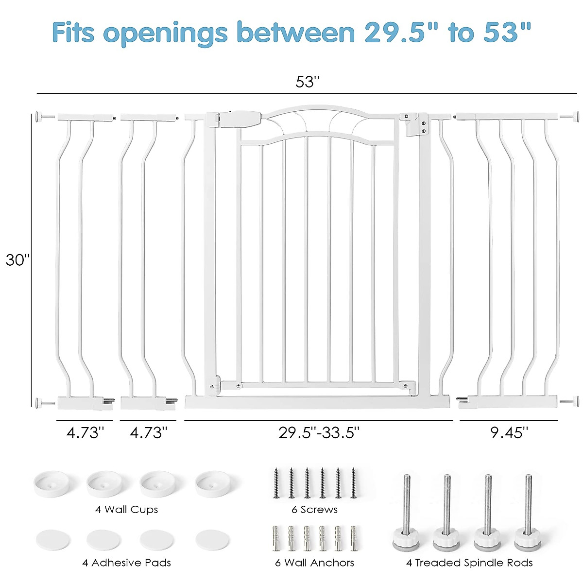 Baby Gate 29.5” to 53”, 30” Height Extra Wide Dog Gate for Stairs, Doorways and House, Auto-Close Safety Dog Gate for Pets, Pressure Mounted, White