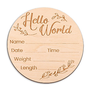 Wooden Baby Name Announcement Sign, 6inch Diameter Hello World Newborn Sign Birth Announcement Sign New Baby Sign for Hospital Nursery New Parents Baby Shower