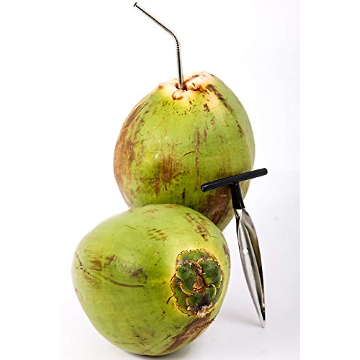 Ken's CocoMon Coconut Opener Tool + Stainless Straw for Fresh GREEN Young Fruit Black Rubber Handle EZ Easy Grip SAFE with Stainless Steel Drinking Straws (1 CocoMon + 1 Straw)