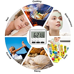 Hour Minute Second Count Up Countdown Digital Kitchen Timer, Big Digits, Loud Alarm, Magnetic Backing, Retractable Stand, 3 Pack Black