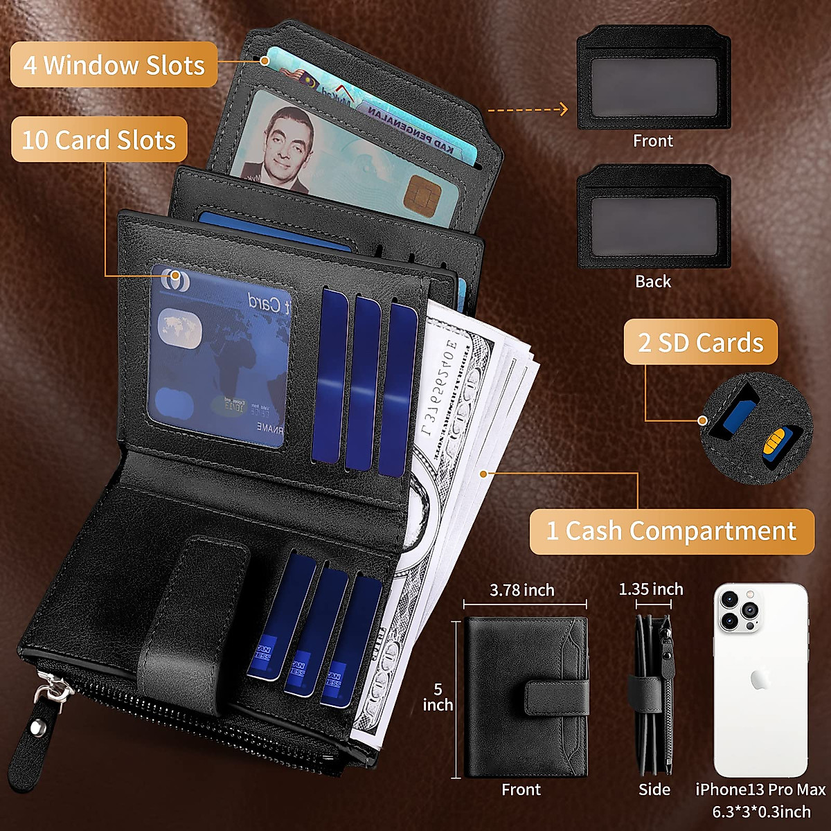 Credit Card Bifold Leather Wallet-With Front Pocket Id Window Men Women Mens Womens Ladies Woman Small Coin Pocket Rfid Blocking Black Multi Id Card Zipper Holder Wallets Female Teen Girl Coin Purse