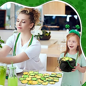 231 Pieces St. Patrick's Day Cauldron Set, Includes Black Leprechaun Cauldron with Handle 200 Shamrock Plastic Coins 30 Green and Gold Beaded Necklaces for St. Patrick's Day Party Decoration Supplies