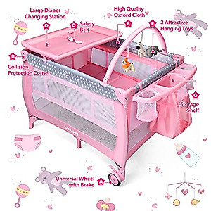 BABY JOY 3 in 1 Portable Pack and Play with Bassinet, Convertible Baby Travel Crib Playard with Changing Table, Brake Wheel, Newborn Napper with Large Capacity Storage Shelf, Oxford Carry Bag