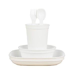 Re-Play Made in USA Toddler Dinnerware Set - 10 oz. Open Cup, 7" Flat Plate, 12 Oz. Bowl, Rounded Tip Fork and Deep Scoop Spoon - Dishwasher/Microwave Safe Plastic Dinnerware Set - White