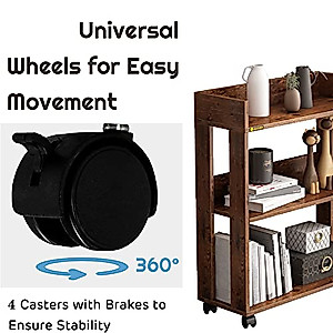 MIN WIN 3 Tier Open Bookshelf,Small Bookshelves Storage Display Shelf with Universal Wheels,Movable Standing Shelf Units,Wood Storage Rack for Small Spaces Home Office Bookcases Book Shelves,Antique
