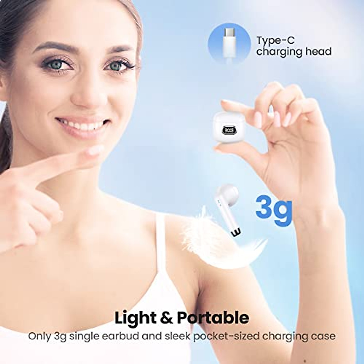 Wireless Earbuds 5.3 Wireless Headphones with LED Display Charging Case, Waterproof IPX7 Hands-Free Headset with Mic, Hi-Fi Stereo Sound, Touch Control, 40 Hours Playback, for iPhone/Android, White