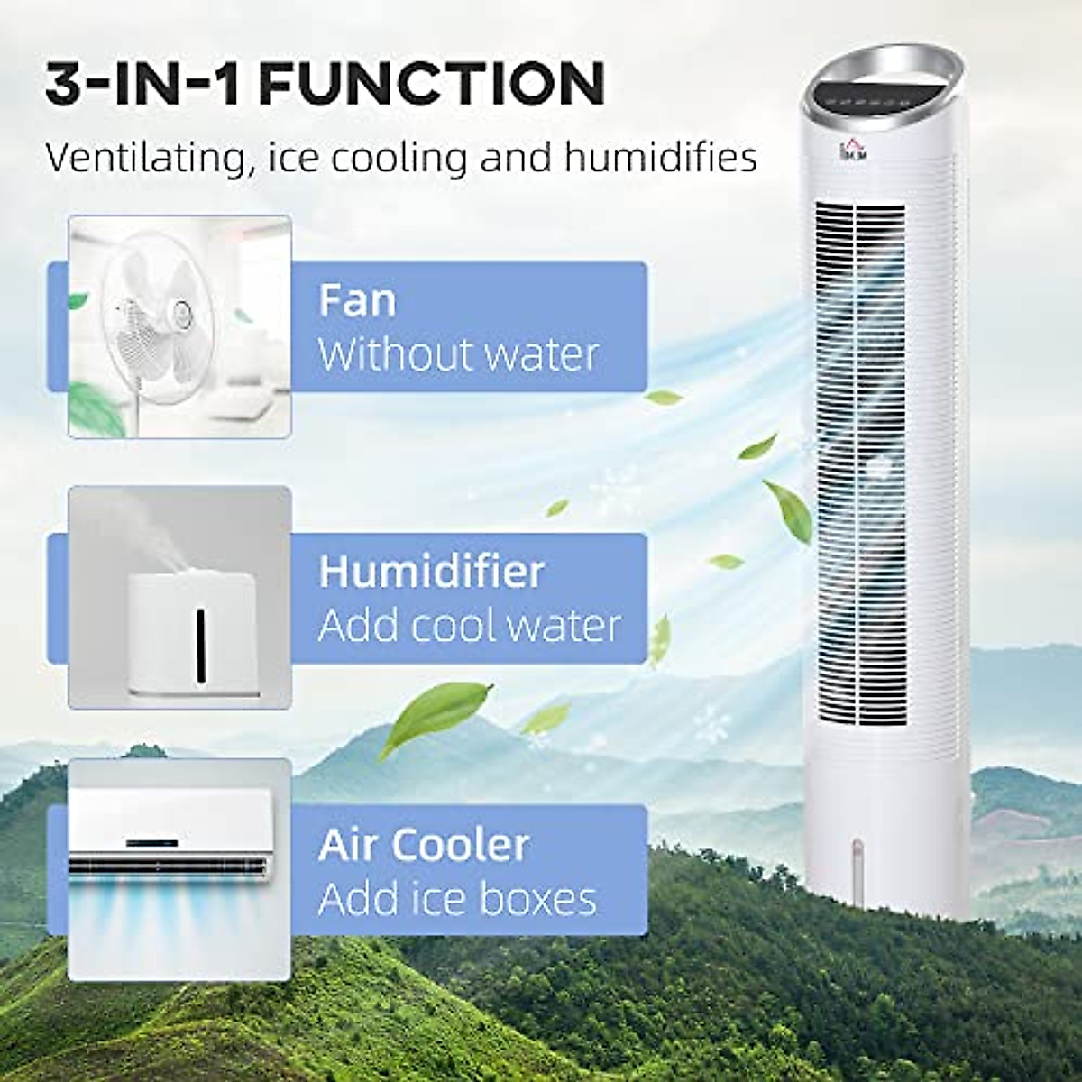HOMCOM 40" Evaporative Air Cooler for Home Office, 3-In-1 Ice Cooling Fan with Humidifier, Oscillating, 3 Modes, 3 Speeds, 8H Timer, Remote, LED Display, White