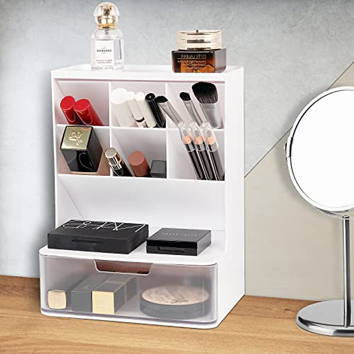 YARRAMATE Makeup Organizer with Brush Holder and Clear Drawer, Cosmetic Organizer and Storage in Bathroom, Dorm Room, Bedroom organizer for dresser, Cosmetic Display Cases (Artic White)