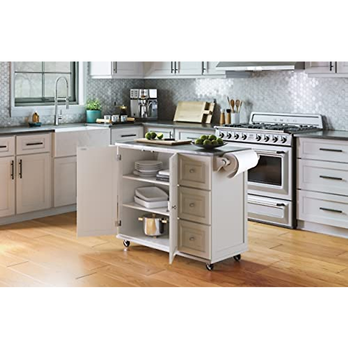 Homestyles Kitchen Cart with Stainless Steel Metal Top Rolling Mobile Kitchen Island with Storage and Towel Rack 54 Inch Width Off White