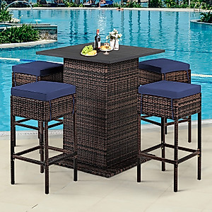 Tangkula 5 Piece Outdoor Rattan Bar Set, Patio Bar Furniture with 4 Cushions Stools and Smooth Top Table with Hidden Storage Shelf, Outdoor Conversation Set for Poolside, Backyard, Lawn (Navy Blue)