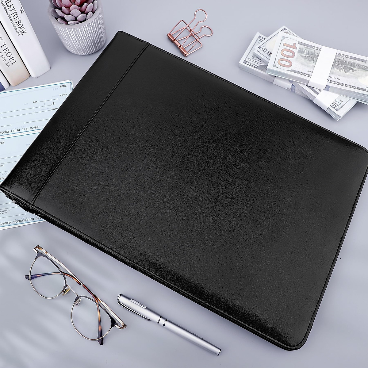 Antner Zippered 7 Ring Business Check Binder Portfolio for 3-Up Business Size Checks, PU Leather 7 Ring Checkbook Binder 600 Checks Capacity for 9 × 13 Inch Sheets, Built-in Storage Organizer, Black