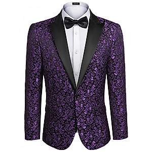 COOFANDY Men's Floral Party Dress Suit Stylish Dinner Jacket Wedding Blazer One Button Tuxdeo, Purple, US M(Chest 44.9")