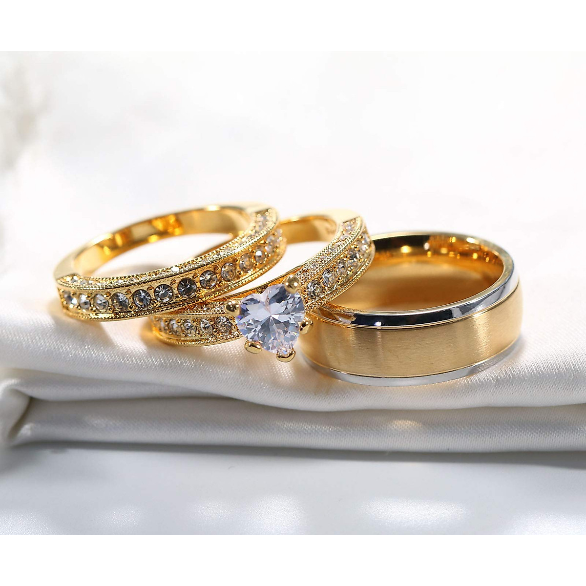 2 Rings His and Hers Couple Rings Bridal Sets Yellow Gold Plated Heart Cz Womens Wedding Ring Sets Tungsten carbide Man Wedding Bands