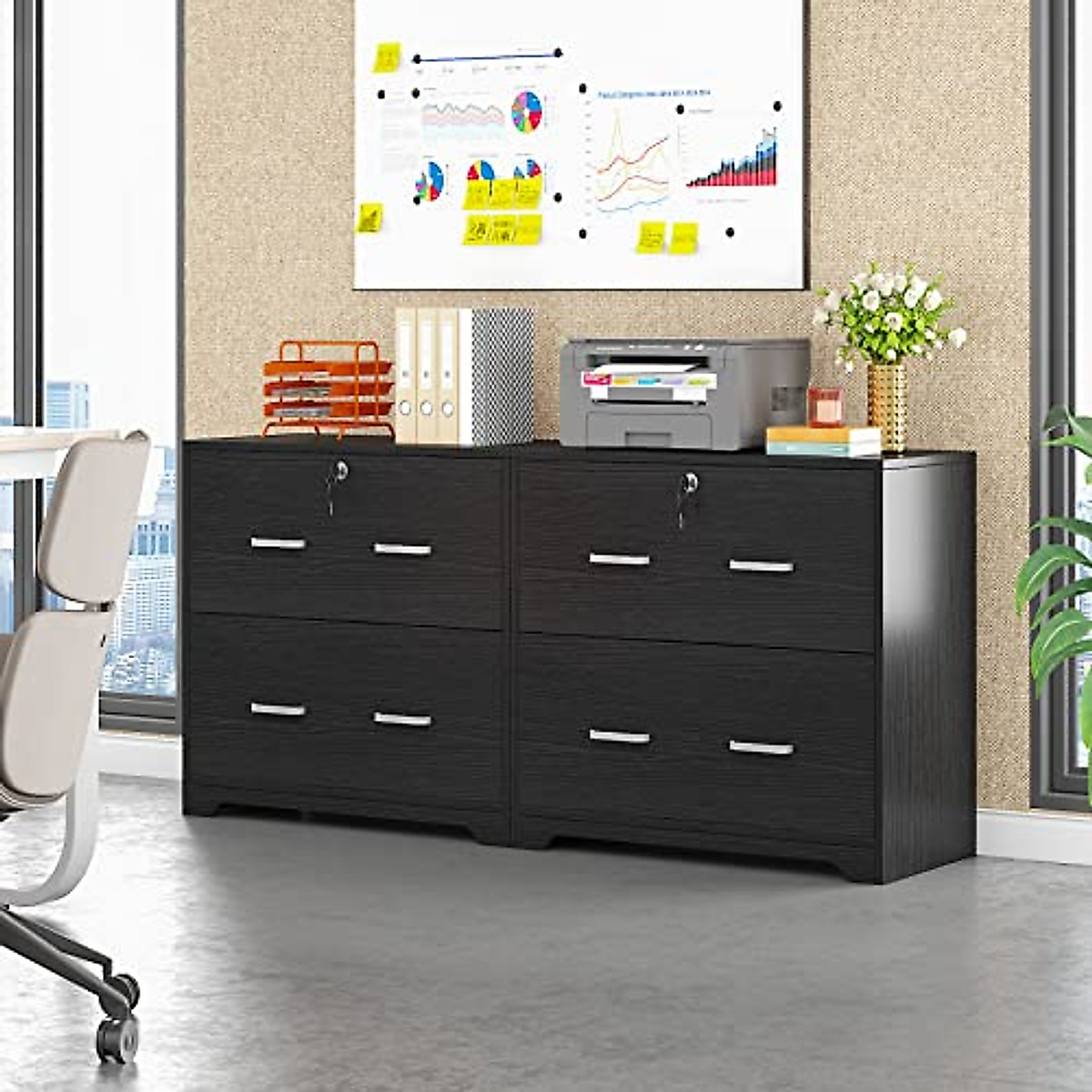 LITTLE TREE Lateral File Cabinet with 2 Drawers, 31.5 Inches Large Filing Cabinet for Hanging Letter/Legal/F4/A4 Size Files with Lock, Home Office, Black