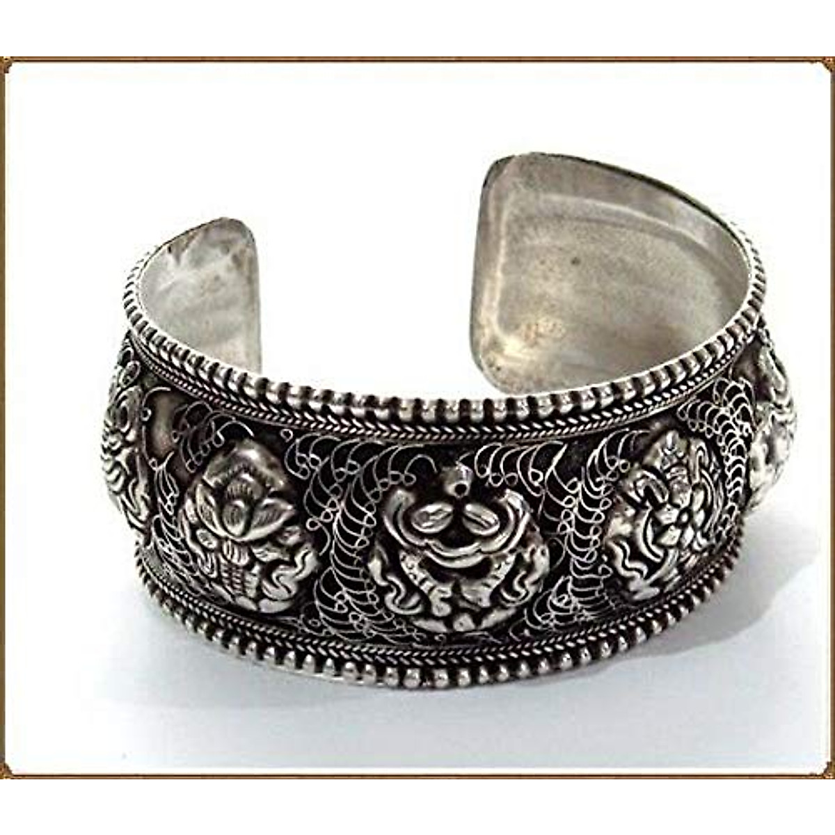 Huge Vintage Tibetan Filigree Delicate Carved 8 Auspicious Symbol Cuff Bracelet #ID-226