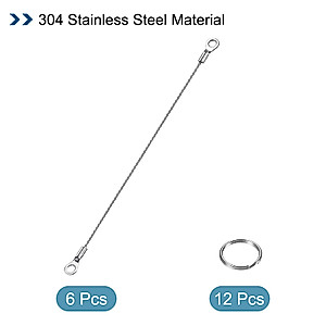 PATIKIL Stainless Steel Lanyard Cable 1.5mmx20cm, 6 Pack Eyelets Ended Security Wire Rope with 12 Pack Key Ring