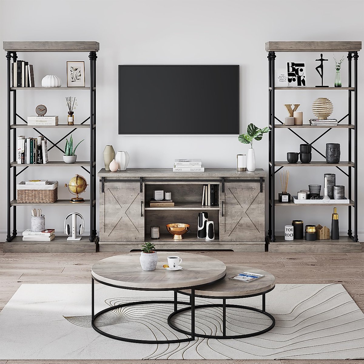 IDEALHOUSE Industrial Bookshelf Wood Bookcase 6 Tier Storage Open Rack Shelf with Metal Frame Rustic Tall Standing Bookshelves Large Grey Display Rack for Bedroom,Living Room and Home Office