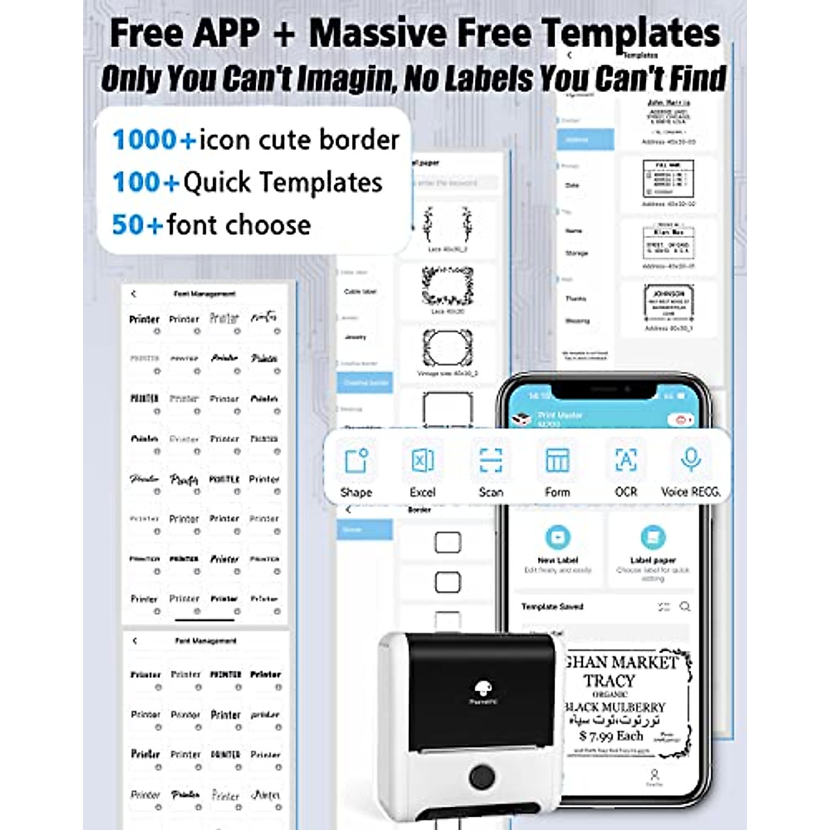 Memoking Bluetooth Label Maker - M200 Thermal Label Printer for Small Business, Address, Logo, Mailing, Office Organization, Kitchen, Label Maker Machine for Phones & PC, 3 Roll Labels