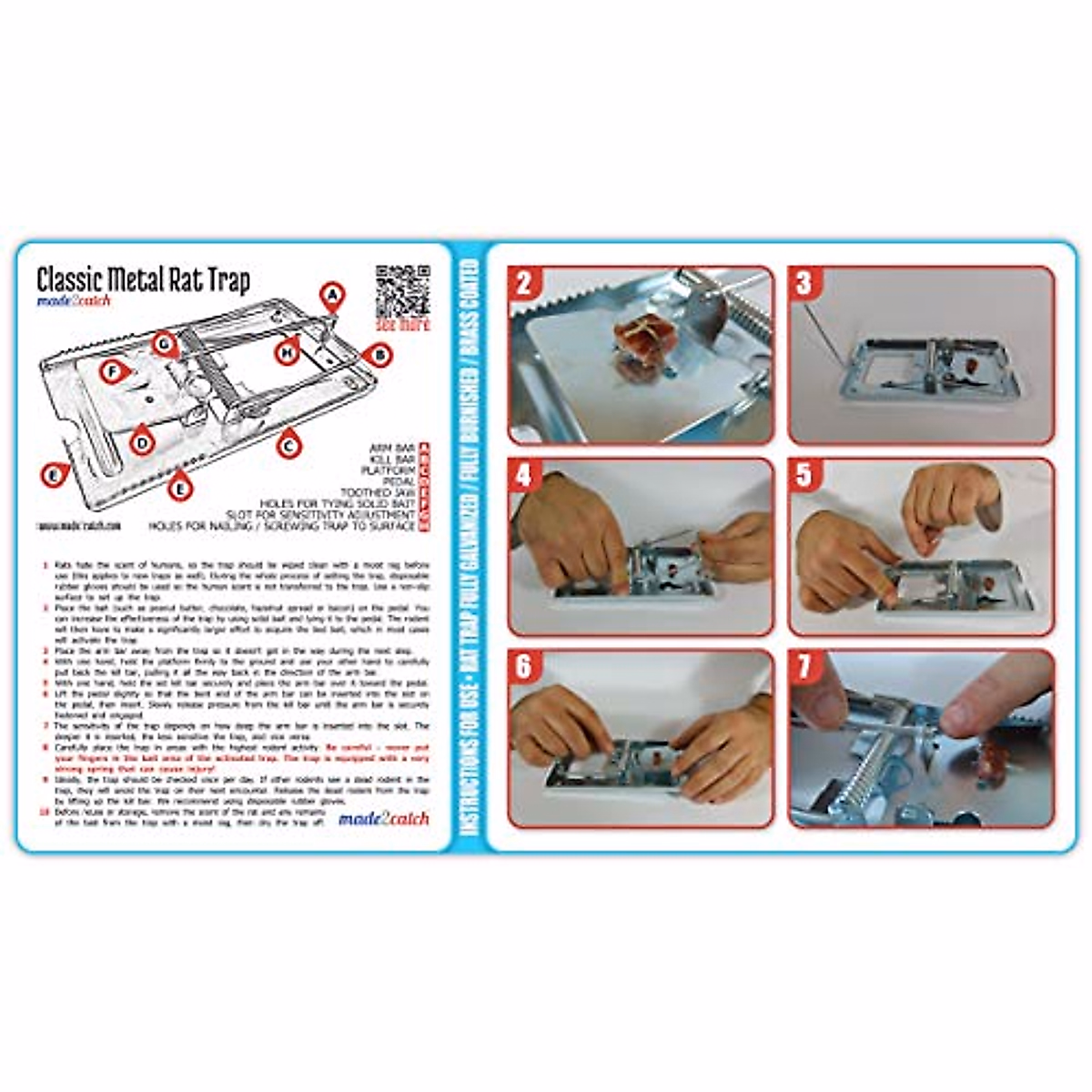 made2catch Pack of 4 Classic Metal Rat Traps Fully Burnished - Powerful Snap Trap for Rats, Chipmunks - Humane Rat Traps That Work - 4 Traps