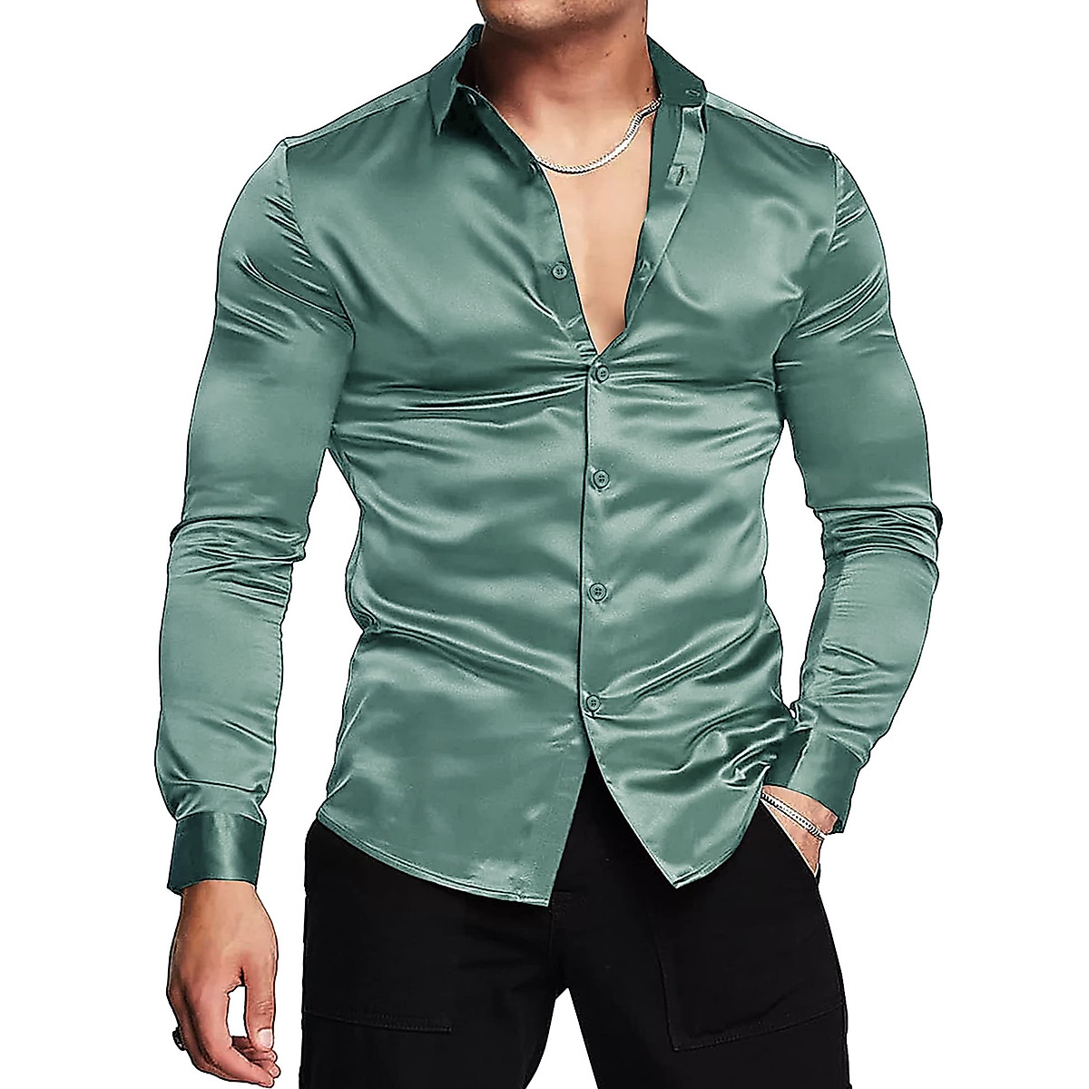 URRU Men's Luxury Shiny Silk Like Satin Dress Shirt Long Sleeve Slim Fit Casual Muscle Button Up Shirts Light Green L