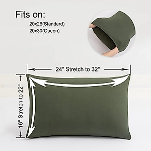 2-Pack Stretch Pillow Cases - Jersey Knit & Envelope Closure Pillowcases with Ultra Soft T-Shirt Like Polyester Blend - Suitable for Queen or Standard Size Set of 2, Dark Olive
