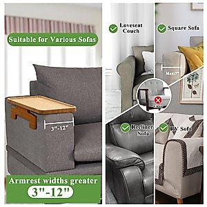 Couch Arm Table Tray, Bamboo Sofa Arm Clip on Tray Tables, Arm Rest Table for Home, Couch Arm Tray for Small Spaces Drink Eating Dinner Table