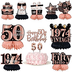 12Pcs 50th Birthday Party Decorations, 1974 Rose Gold Table Centerpieces, Cake Topper and Candles Set 50th Birthday Decorations for Women