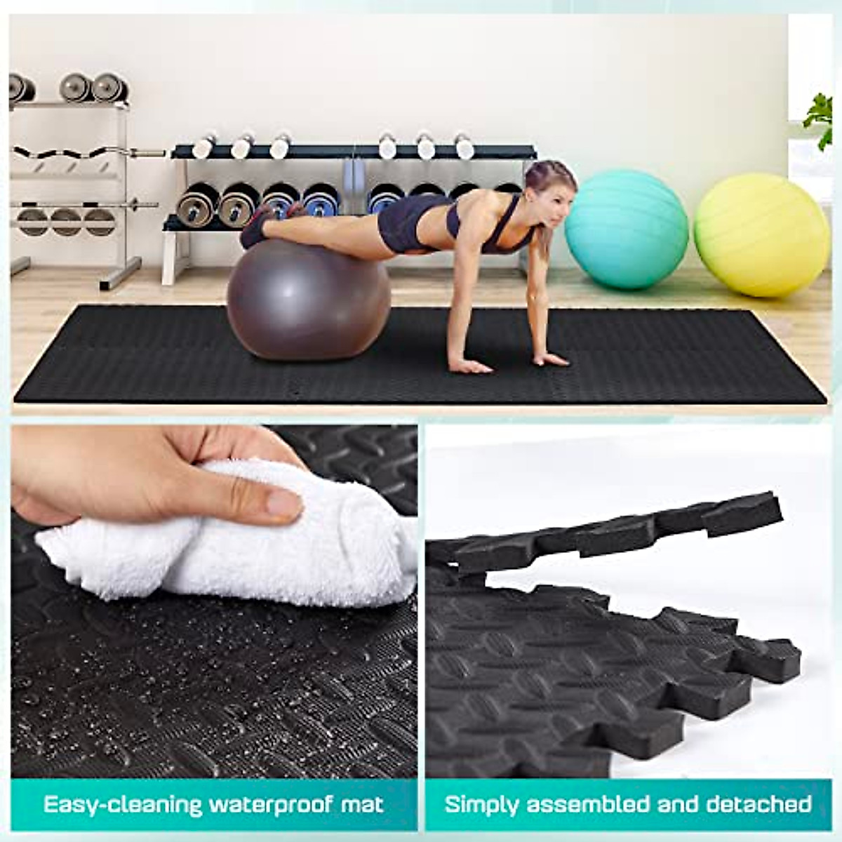 Yes4All interlocking Exercise Foam floor mats, for Gym Equipment – Eva Tiles (24 Square Feet – Black – 6 pcs)