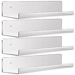 Acrylic Floating Wall Ledge Shelf,4 Pack 15" Wall Bookshelf for Kids,Display Shelves for Funko Pop Toys Collectibles,Makeup Organizer,Spices Organizer,Perfume, Bathroom Storage Shelves Wall Mounted