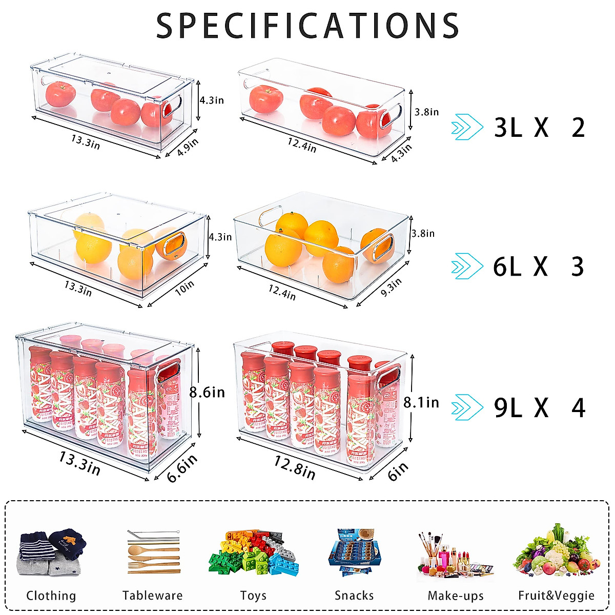 MineSign 9 Pack Stackable Fridge Organizer Drawer Pull-Out Bins with Handles Large Clear Food Container with Removable Dividers Refrigerator Storage box Divided Produce Saver for Pantry Kitchen