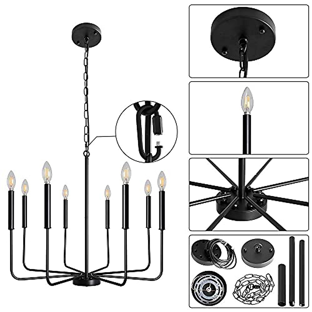 ALISADABOY Black Chandeliers for Dining Room Farmhouse 8 Light Rustic Industrial Candle Hanging Light Fixture for Living Room Kitchen Island Entryway Foyer Bedroom Pendant Lighting