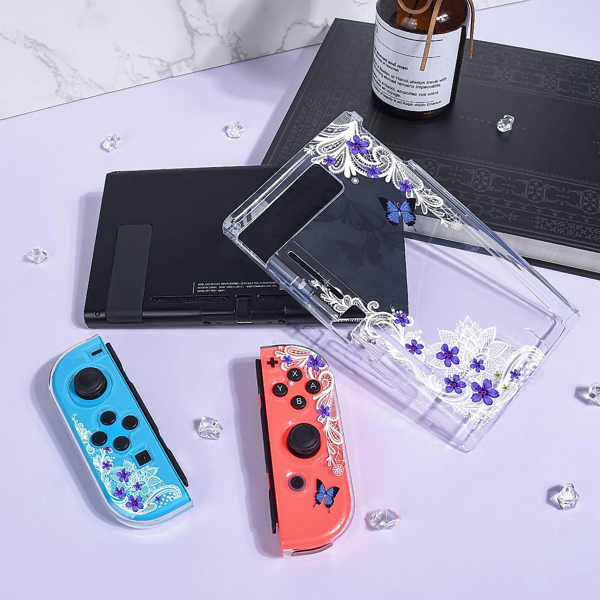 DLseego Purple Butterfly Flower Floral Switch Case 2017 Version Anti-Scratch Dockable Console Clear TPU Shell Romantic Soft Shock-Absorption Joy Con Cover For Regular Switch