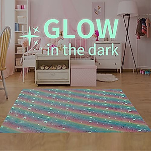 Rainbow Night & Twinkle Pattern Glow in The Dark Area Rug Area Rug for Living Room Bedroom Playing Room Size 5'x6'