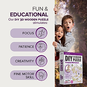 Hands Craft DIY 3D Wooden Puzzle – 6 Assorted Wild Animals Bundle Pack Set Brain Teaser Puzzles Educational STEM Toy Adults and Kids to Build Safe and Non-Toxic Easy Punch Out Premium Wood JP2B8