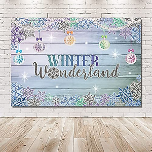 MEHOFOND 7x5ft Winter Wonderland Christmas Rustic Wood Backdrop for Photography Ice Blue Snowflake Boy Girl Birthday Background Baby Shower Party Decorations Photo Booth Props